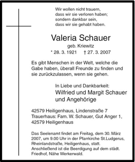 Traueranzeigen Von Valeria Schauer Trauer In Nrw De