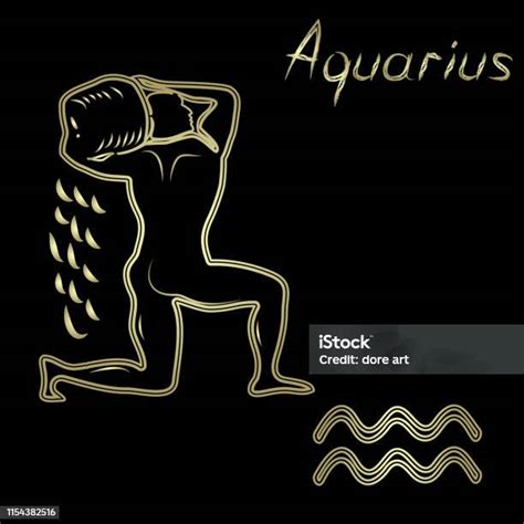 물병자리 조디악 기호 벡터 일러스트 레이 션에 검정색 배경입니다 고립 된 별자리 기호의 황금 그림입니다 점성 학적 디자인 요소 스텐실 개체 그룹에 대한 스톡 벡터 아트 및