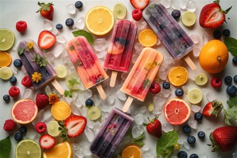 Set Of Unique Colorful Summer Popsicles With Fresh Fruits And Ice Cubes