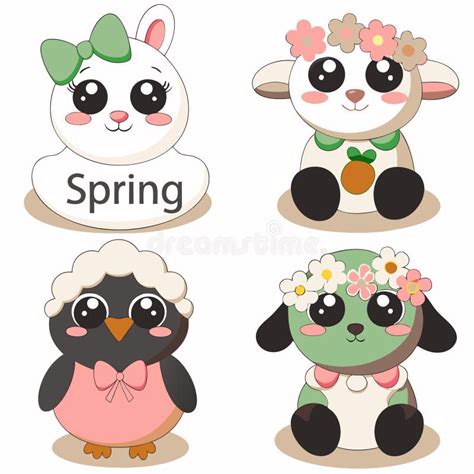Cute Spring Animals Cartoon Illustration 5 Stock Vector