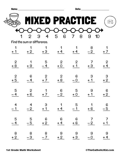 1st Grade Math Worksheet Catholic Addition And Subtraction Practice