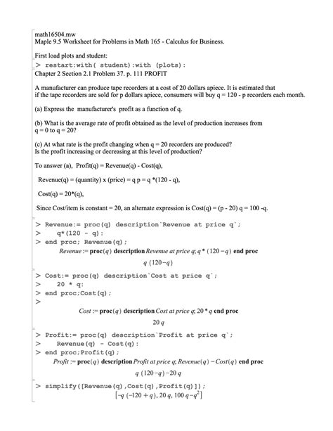 Calculus For Business Worksheet Problems Math 165 Docsity
