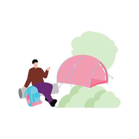 Premium Vector The Boy Sits On A Log Near His Camp