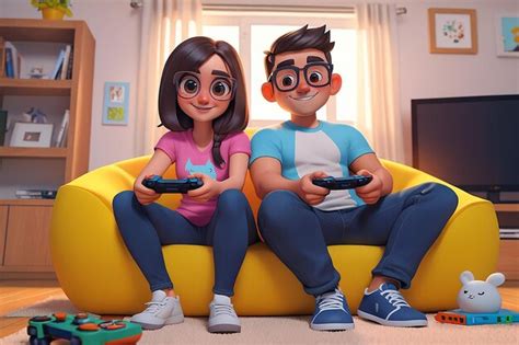 3d Cartoon Character Couple At Home Playing Video Games Premium Ai
