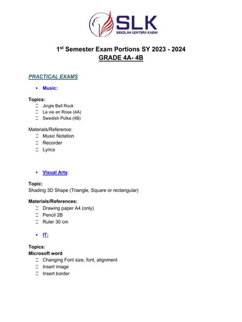 Grade 4a 4b Exam Portions For 1st Semester Sy 2023 2024 Pdf Grammar Linguistics