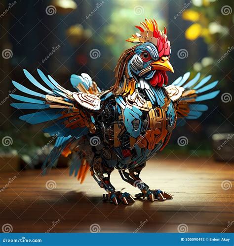 Colourful Metal Robot Rooster On A Wooden Ground 3d Illustration Stock Illustration
