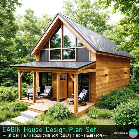 Small Cabin Plan With Loft 21x34 House Design Plan Pdf 1 Bed With Loft Custom 974sf Cabin