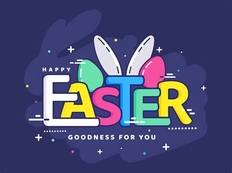 Colorful Easter Text With Eggs And Bunny Ear On Blue Background