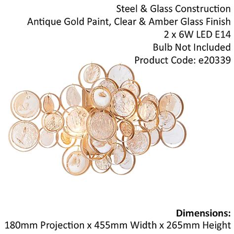 Antique Gold Wall Light And Ornate Amber Glass Detailing Twin Bulb Led