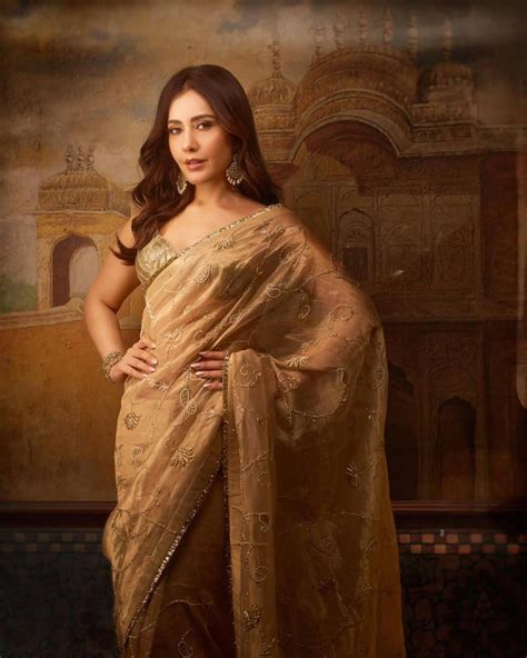 Raashii Khanna Rose Gold Silk Beads Saree Floral Embroidery Design