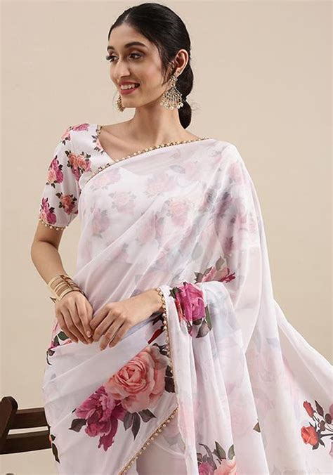 Buy Women White Floral Print Georgette Saree With Blouse Xsr00894