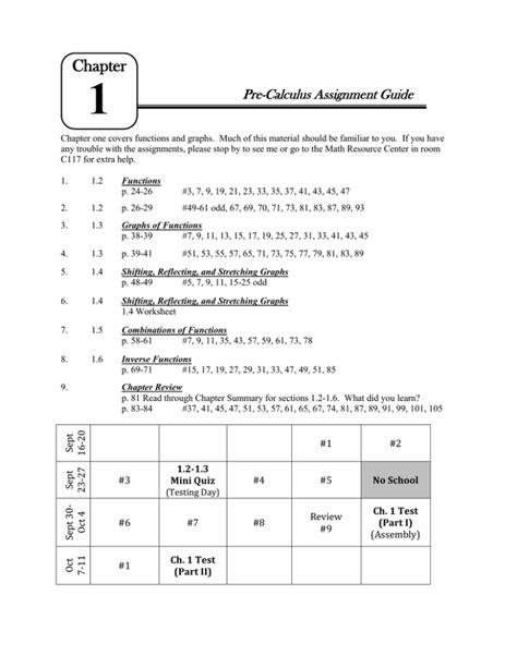 Pre Calculus Chapter 1 Assignment Guide Functions And Graphs