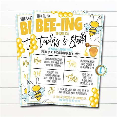 Printable Editable Bumble Bee Theme Teacher And Staff Appreciation