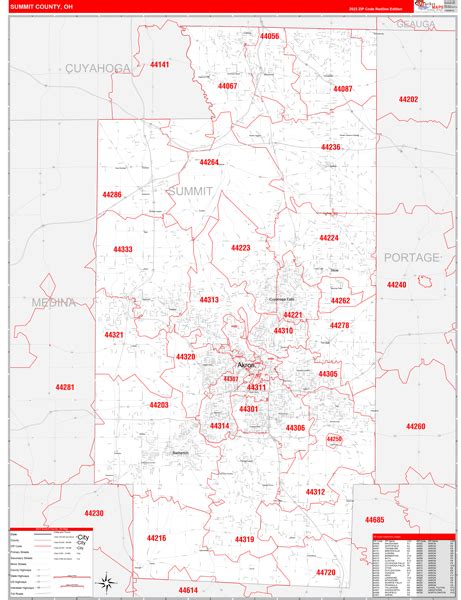 Summit County Oh Zip Code Wall Map Red Line Style By Marketmaps Mapsales
