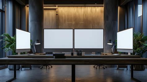 A Contemporary Office Setup With Dual Monitors On A Large Wooden Desk
