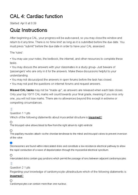 Quiz Cal 4 Cardiac Function Cal 4 Cardiac Function Started Apr 8 At