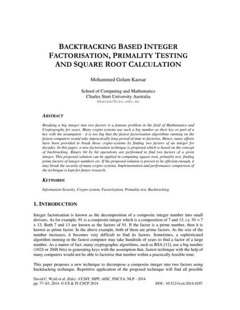 Backtracking Based Integer Factorisation Primality Testing And Square Root Calculation Pdf