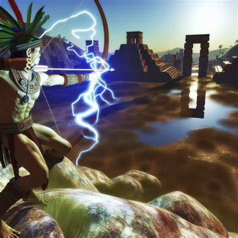 Aztec Archer Aiming His Bow Into The Distance Epic Shot Ray Tracing Reflections Soft Lighting