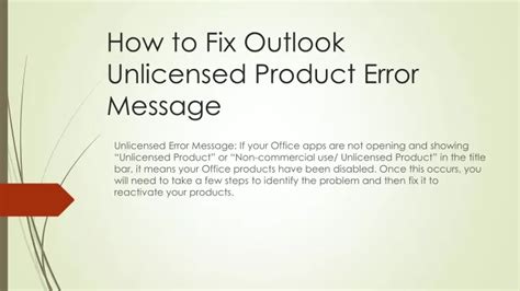 Ppt How To Fix Outlook Unlicensed Product Error Message Powerpoint