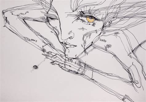 Ladybug Portrait Girl Who Watches The Movement Of Ladybug The Work Is Drawn In A Minimalist