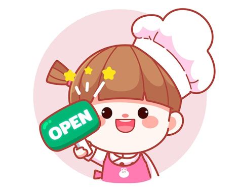 귀여운 소녀 빵집 로고 수제 빵집 가게 손으로 그린 만화 예술 그림 무료 벡터