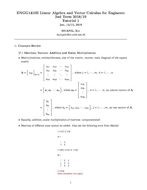 Tut01 Tut1 Engg1410e Linear Algebra And Vector Calculus For