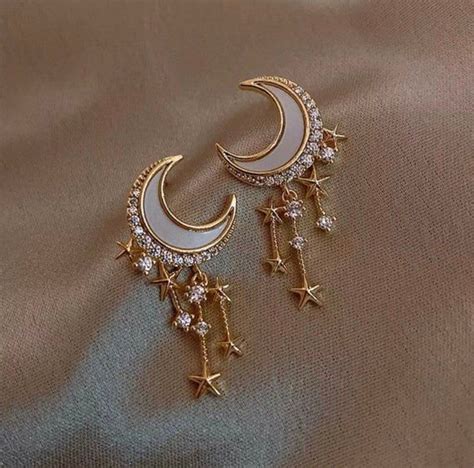 925 Sterling Silver Earrings Acrylic Golden Crescent Moon Tassel