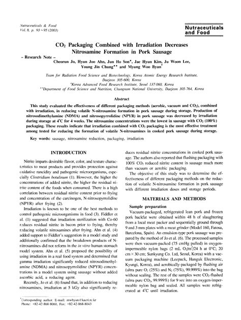 Pdf Co2 Packaging Combined With Irradiation Decreases Nitrosamine Formation In Pork Sausage