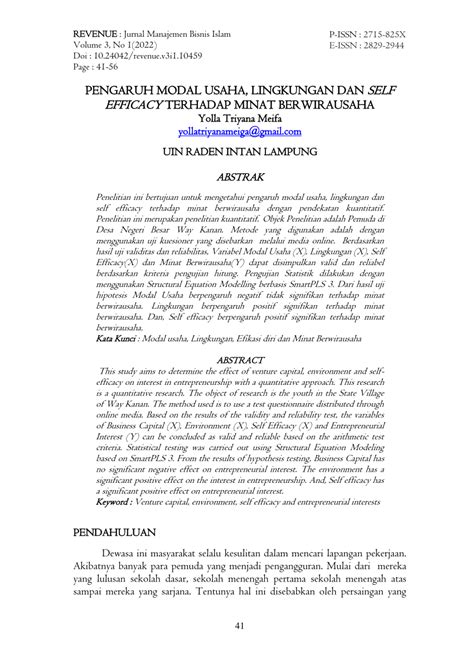 Pdf Pengaruh Modal Usaha Lingkungan Dan Self Afficacy Terhadap Minat