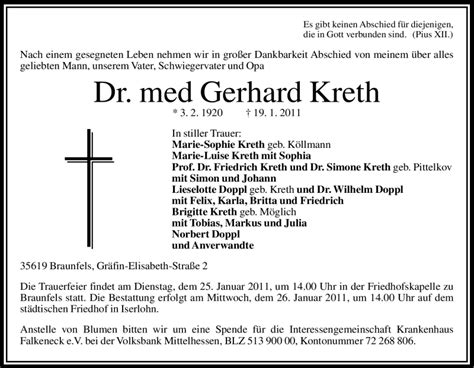 Traueranzeigen Von Gerhard Kreth Trauer In Nrw De