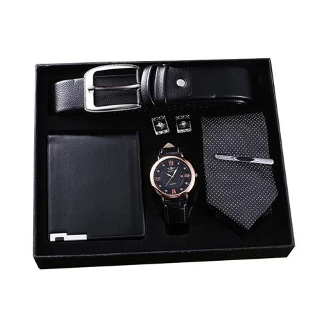 Men Quartz Watch Belt Wallet Cufflinks And Tie Clip T Set