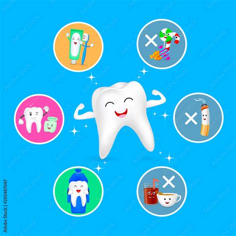 Healthy Cartoon Tooth Character With Set Icons Dental Care Concept