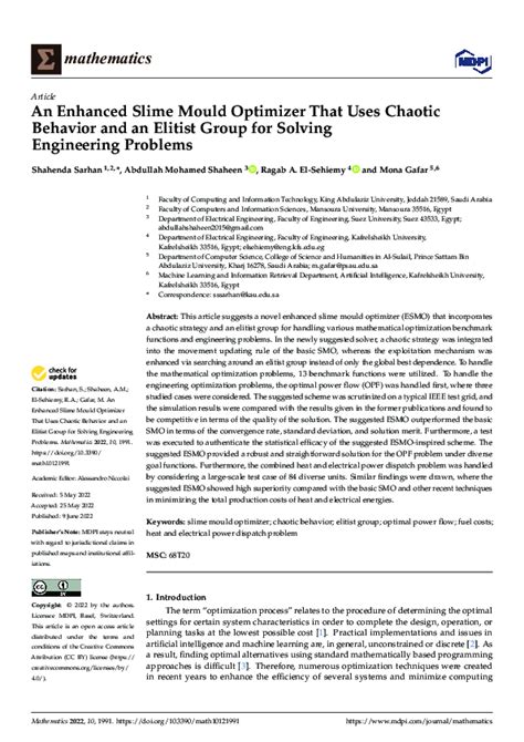 Pdf An Enhanced Slime Mould Optimizer That Uses Chaotic Behavior And An Elitist Group For