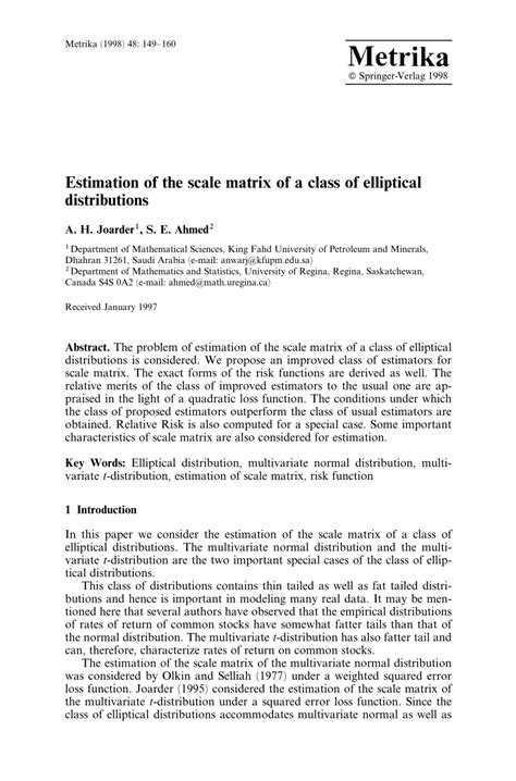 Pdf Estimation Of The Scale Matrix Of A Class Of Elliptical Distributions