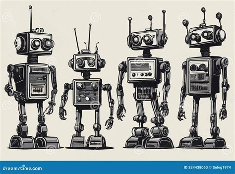 A Group Of Analog Robots In Retro Style Stock Illustration