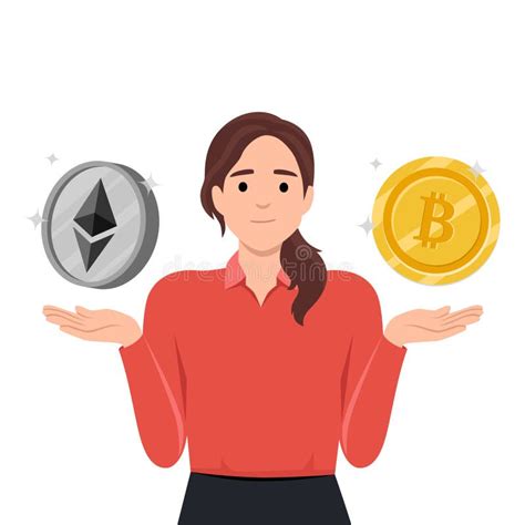 Young Woman Hold Bitcoin And Etherium Coin Sign In Hand Person With Bitcoin Crypto Currency