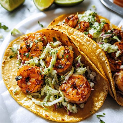 Spicy Shrimp Tacos With Garlic Cilantro Lime Slaw Recipe Yumm