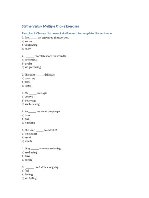 Stative Verbs Multiple Choice Exercises Pdf