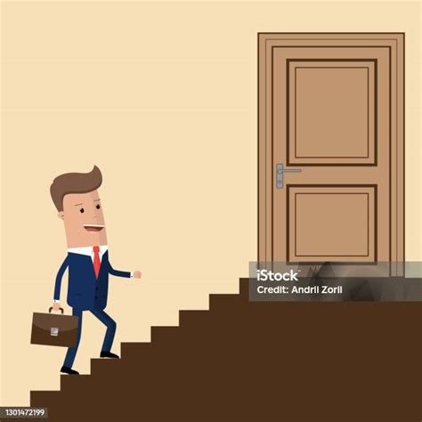 계단으로 올라가서 문으로 가는 사업가 사업가는 성공을 위해 계단을 강화 비즈니스 개념 벡터 일러스트레이션 개념에 대한 스톡 벡터 아트 및 기타 이미지 Istock