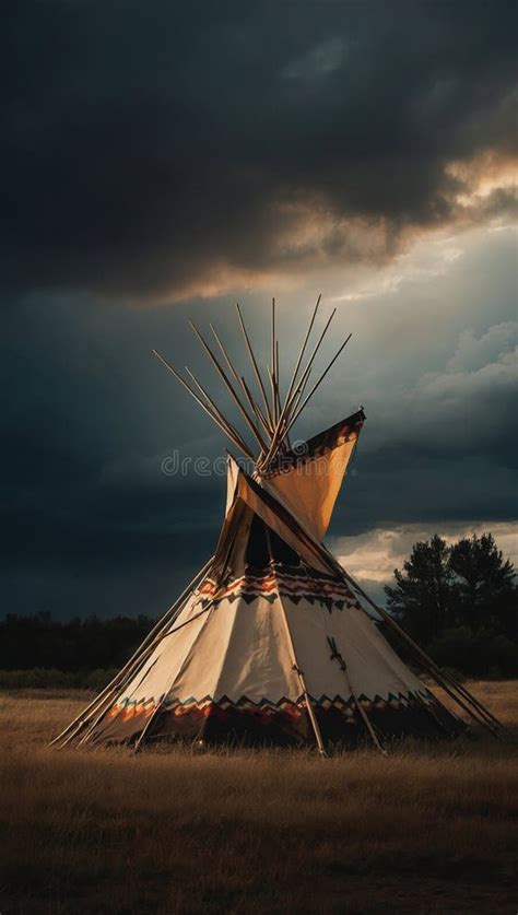 Traditional Teepee Set Against Dramatic Cloudy Sky Indigenous Design
