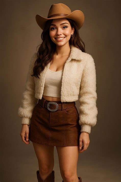 3d Cute 24 Year Old Woman In Stylish Cowgirl Outfit Wearing A Tan Hat