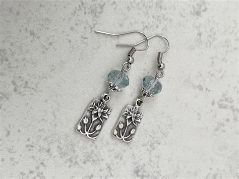 Silver Lotus Flower Earrings Blue Czech Glass Beaded Earrings Boho