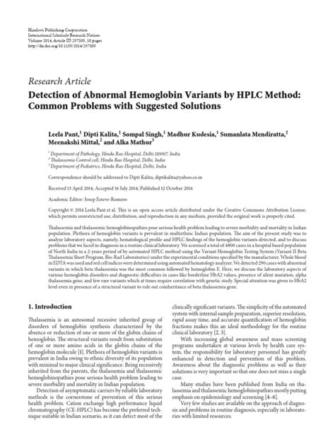 Detection Of Abnormal Hemoglobin Variants By Hplc Pdf Blood