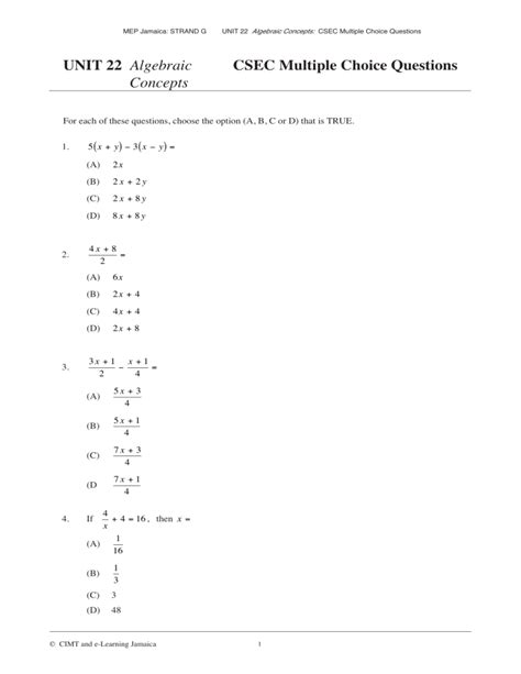 Algebra Multiple Choice Questions
