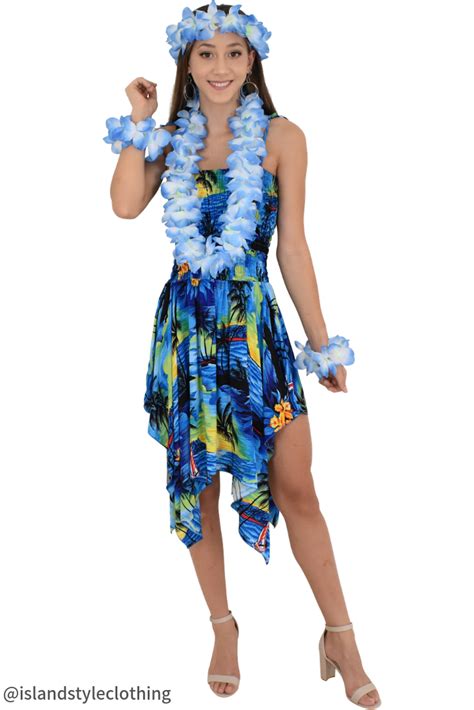 Ladies Blue Sunset Dress With Lei Set 🌴 Roupas Usadas Vestido