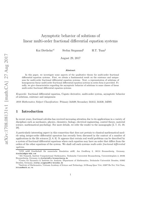Pdf Asymptotic Behavior Of Solutions Of Linear Multi Order Fractional Differential Equation