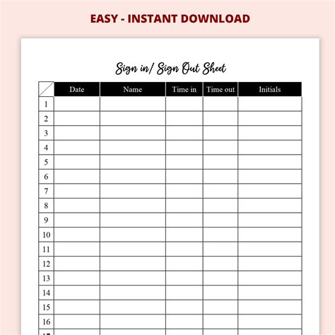 Sign In Sign Out Sheet Template Printable Editable Sign In Sign