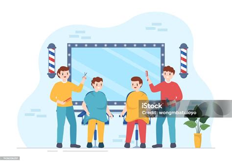 남성 또는 여성 고객을위한 이발소 거울 책상 및 헤어 커팅 장비가있는 이발 플랫 만화 손으로 그린 템플릿 일러스트 레이 션 가위에 대한 스톡 벡터 아트 및 기타 이미지