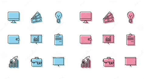 Set Line Rocket Flying Up On Coins Growth Chart Briefcase And Money Computer Monitor Screen