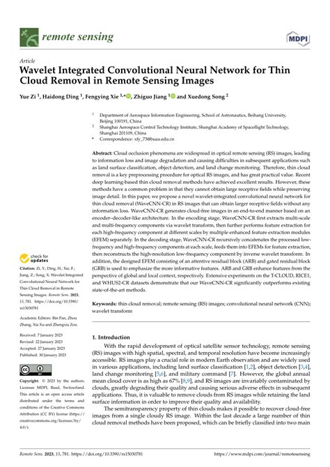 Pdf Wavelet Integrated Convolutional Neural Network For Thin Cloud Removal In Remote Sensing